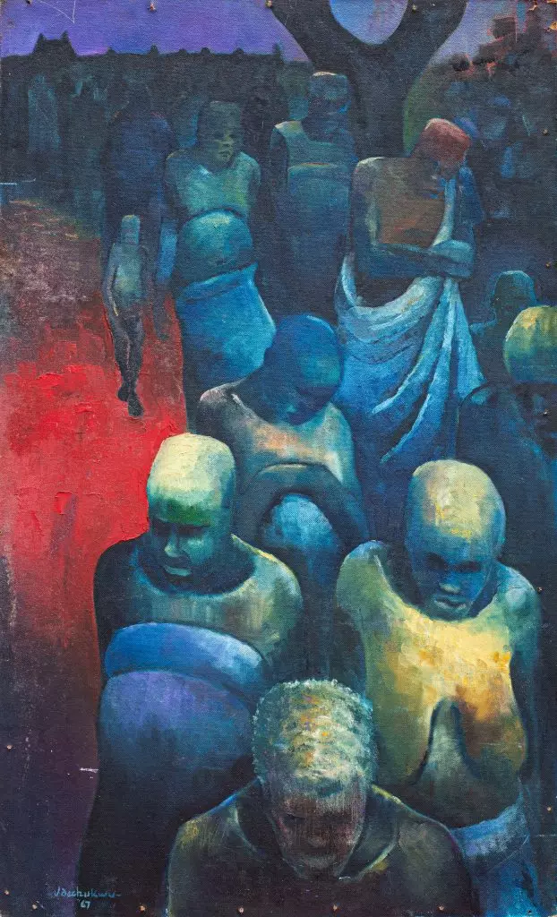 Obiora Udechukwu, Rostros silenciosos en la encrucijada (1967). Cortesía de Ko Gallery.