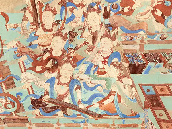 Gua 85, jéntré lukisan témbok musisi, Dinasti Tang Ahir (848–907 CE). Mogao Grottoes, Dunhuang, Cina. Kahadean Akademi Dunhuang.