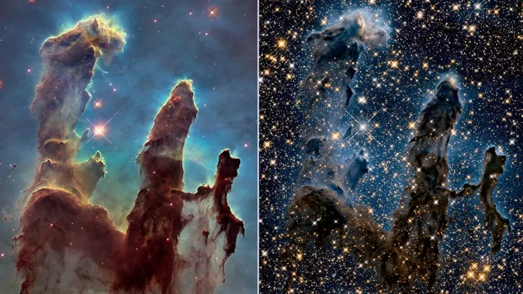 Acestea sunt două imagini Hubble ale Stâlpilor Creației. În dreapta arată cum arată în infraroșu, care este mai aproape de ceea ce va vedea telescopul Webb. NASA, ESA, Echipa Hubble Heritage (Space Telescope Science Institute/AURA), A. Nota (ESA/Space Telescope Science Institute) și Westerlund 2 Science Team.