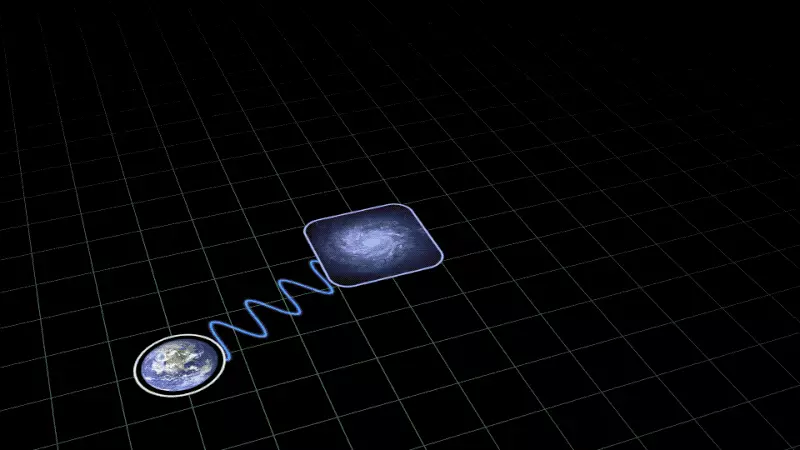 Tusaale ahaan saamaynta is beddelka guduudan, halkaas oo mawjadaha iftiinku ku dheereeyaan marka ay ka sii fogaanayaan, ka beddelaya iftiinka muuqda una beddelaya infrared. Mahadsanid NASA/JPL-Caltech/R. Dhaawac (Caltech-IPAC).