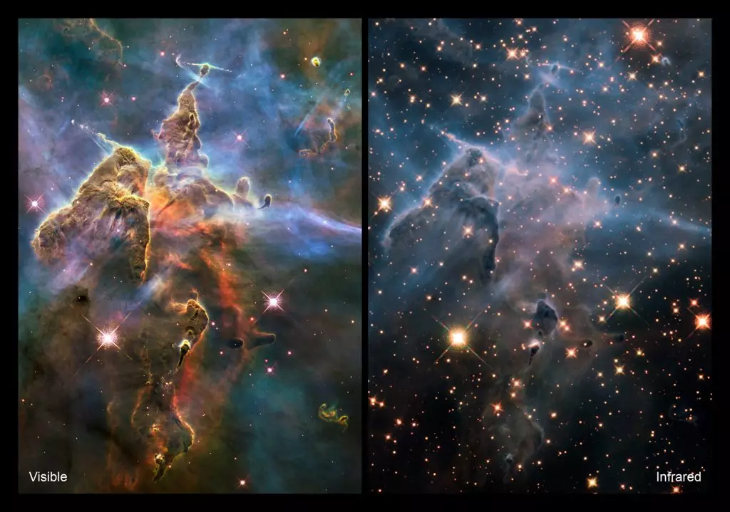 Fa'atusatusaga o ata Hubble e lua o le Carina Nebula, tu'u i le malamalama va'aia ma le sa'o ile malamalama infrared. I le ata infrared, e mafai ona tatou vaʻaia nisi fetu e leʻi iloa muamua. Fa'aaloaloga a NASA/ESA/M. Livio & Hubble 20th Anniversary Team (Space Telescope Science Institute).