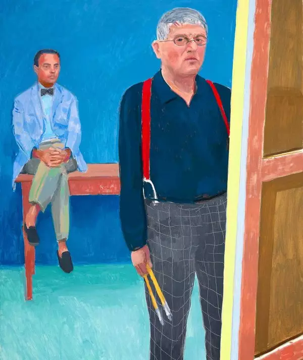 David Hockney, Zelfportret met Charlie (2005). Met dank aan de National Portrait Gallery.