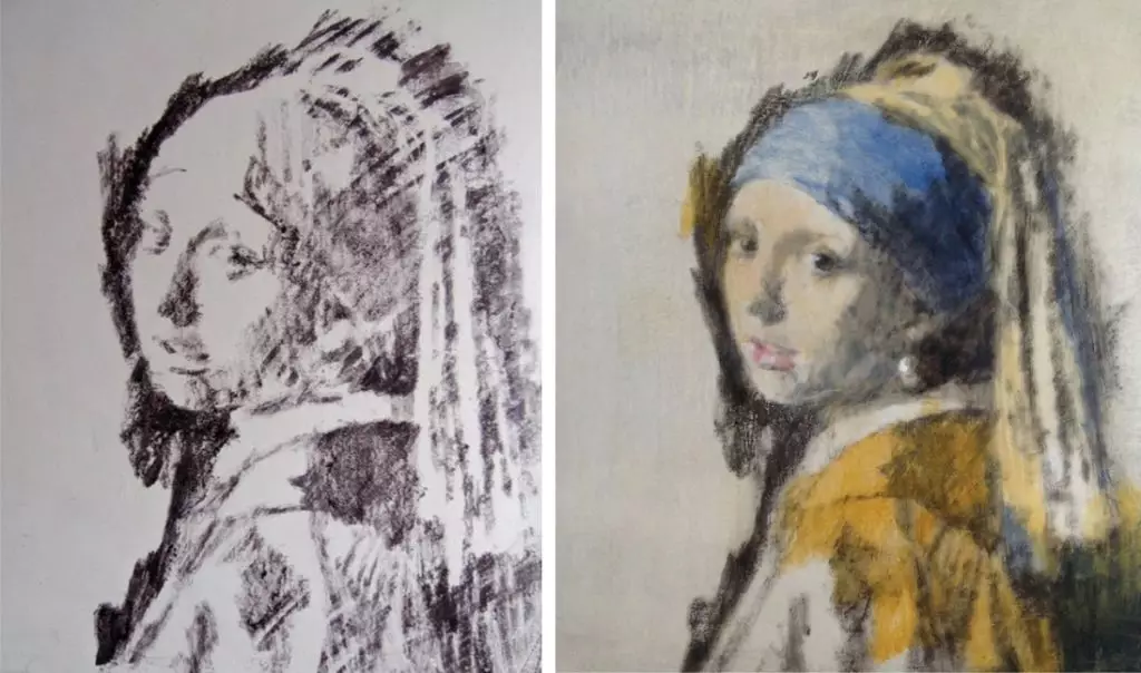 L: Jane Jelley alichapisha hii kwa kuzingatia kitabu cha Johannes Vermeer's Girl With a Pearl Earring kwa kutumia kamera iliyofichwa, kama sehemu ya utafiti wa kitabu chake kipya cha Traces of Vermeer (2017). R: Jelley aliongeza rangi kwenye chapisho, kulingana na asili ya Vermeer. Picha kwa hisani ya Oxford University Press.