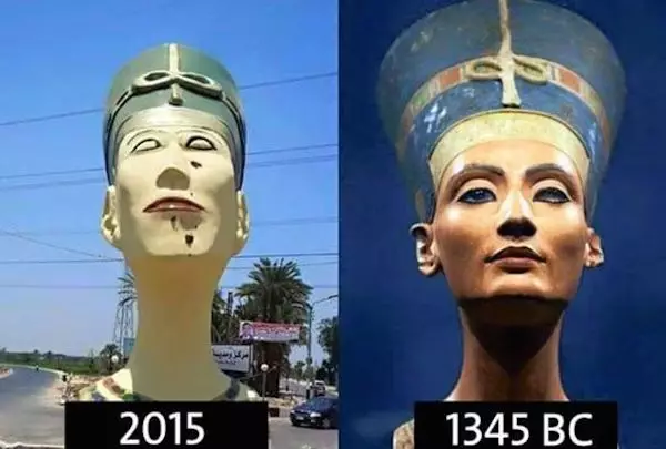 Di kénca, patung anyar Nefertiti nu jadi enraged locals, di katuhu, nu bust iconic aslina tina Ratu Mesir. Poto via Twitter.