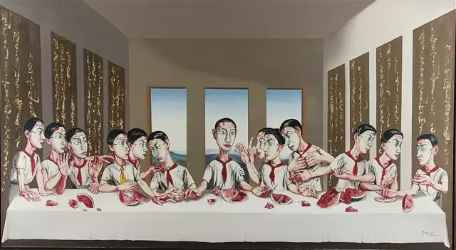 Zeng Fanzhi, Zadnja večerja (2001), prodan v Sotheby's Hong Kong 5. oktobra 2013 za 23.269.070 $.Foto: artnet.