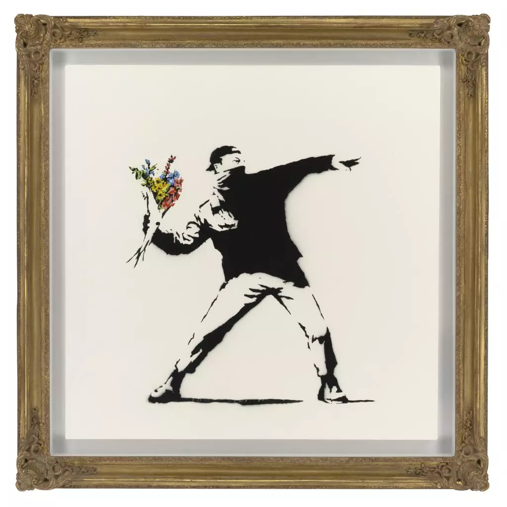 Banksy, Love is in the Air (2005), dituku ing Sotheby taun iki dening Particle. Courtesy saka Partikel.