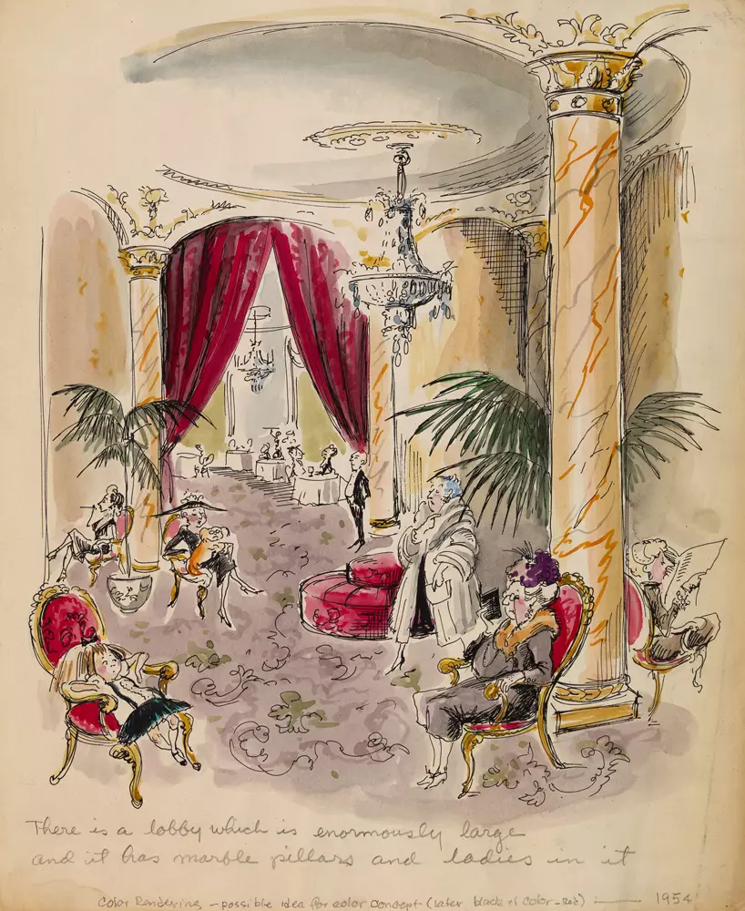 Hilary Knight, Redare nepublicată a conceptului de culoare pentru Există un hol care este enorm de mare. . . (circa 1954) pentru Eloise, Simon & Schuster (1955). Colecția lui Hilary Knight, © Kay Thompson.