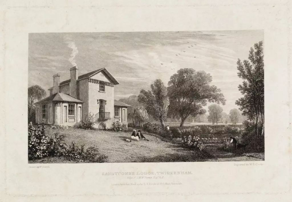 Sandycombe Lodge, Twickenham, Vila J.M.W. Turner, diukir oleh W.B. Cooke menerbitkan 1814 William Havell. Atas izin Tate.