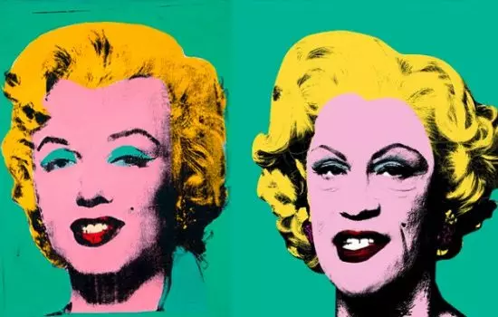 Andy Warhol, Green Marilyn (1962), kaj la versio de Sandro Miller kun John Malkovich.