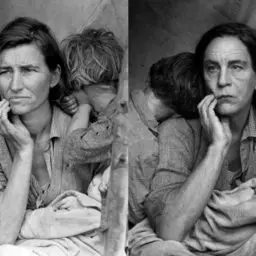 Dorothea Lange, Migrant Mother (1936), havante Florence Owens Thompson, kaj la version de Sandro Miller kun John Malkovich.