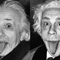 Arthur Sasse, Albert Einstein Sticking Out His Tongue (1951), kaj la versio de Sandro Miller kun John Malkovich.