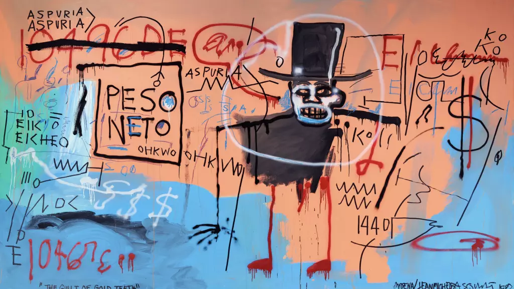 让-米歇尔·巴斯奎特（Jean-Michel Basquiat），《金牙之罪》（1982 年）。由佳士得图像有限公司提供