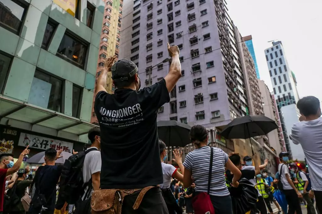 Protestai prieš Nacionalinio saugumo įstatymą Honkonge 2020 m. liepos 1 d. (Nuotrauka Katherine Cheng / SOPA Images / LightRocket per Getty Images)