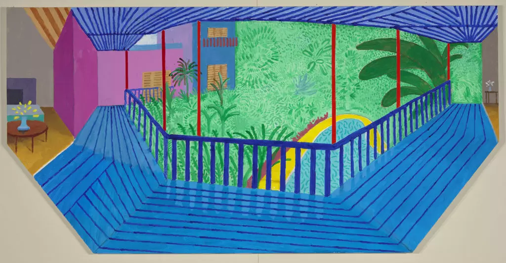 David Hockney, Un interior más grande con terraza azul y jardín (2017). © David Hockney Crédito de la foto: Richard Schmidt