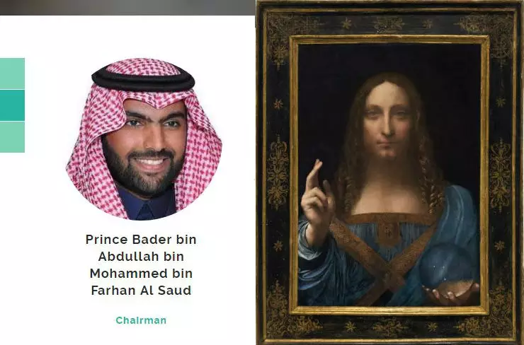 Gauche : Image de Bader bin Abdullah bin Mohammed bin Farhan al-Saud sur le site Internet du SRMG. A droite : Le Salvator Mundi de Léonard de Vinci.