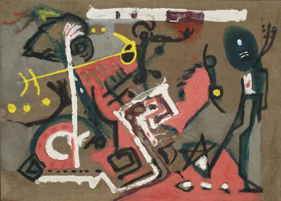 Jackson Pollock, Asina Zita (Kuumbwa paBrown) (c. 1945). Oiri pane brown canvas. Nekuda kweWashburn Gallery.