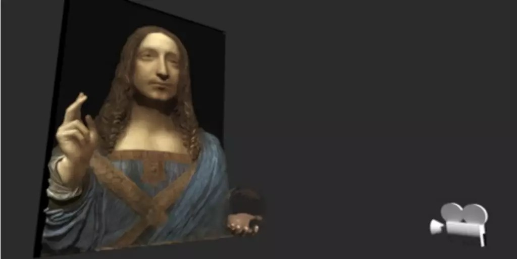 Configuration de scène virtuelle où un modèle de main tenant un orbe est positionné devant le relief du sujet, qui est texturé avec une version modifiée de la peinture, le Salvator Mundi de Léonard de Vinci. Avec l'aimable autorisation de l'Université de Californie, Irvine.