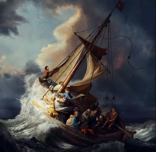 Rembrandt van Rijn's Christ in the Storm on the Hiav txwv Galilee, recreated los ntawm Ankur Patar.