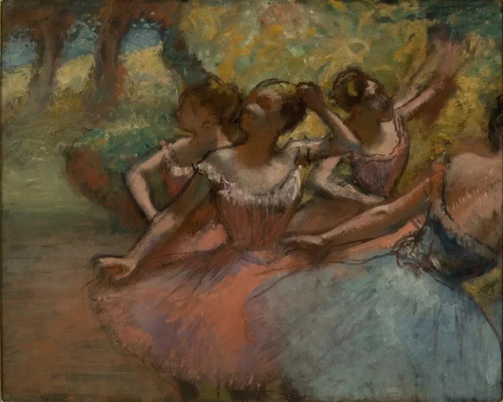 Edgar Degas, fjórir ballettdansarar á sviðinu (um 1885–90). Með leyfi Museu de Arte de São Paulo.