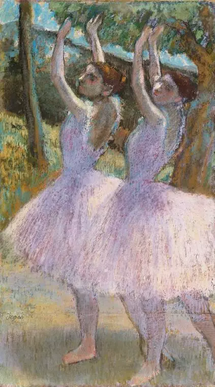 Эдгар Дега, Danseuses aux jupes violettes, bras levés (шамамен 1895–98). Кембридждегі Фицвильям мұражайының рұқсатымен.