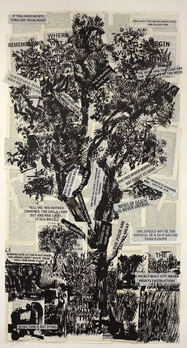 William Kentridge, IF YOU HAVE NO EYE, 2014, linogravure imprimée sur une sélection de pages de dictionnaires non archivistiques, collées et attachées avec du ruban adhésif d'archivage à une feuille de support de papier Arches. Avec l'aimable autorisation de la galerie Greg Kucera, Seattle.