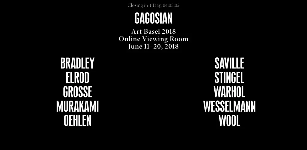 Captura de pantalla de la pàgina de destinació de la sala de visualització en línia d'Art Basel 2018 de Gagosian. Cortesia de Gagosian.