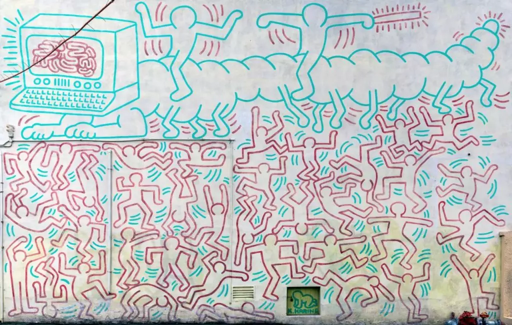 Veggmynd Keith Haring í Melbourne var máluð árið 1984 í heimsókn til borgarinnar. Með leyfi frá National Victoria Gallery.