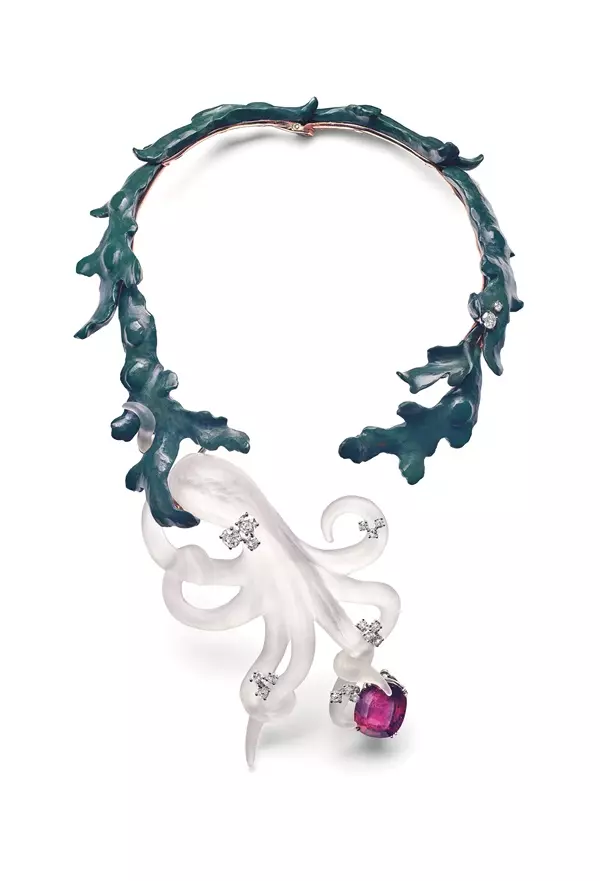 Chaumet, Octopus-ketting met diamante, jaspis en rubelliet (1970). Versameling van Haar Koninklike Hoogheid Prinses de Bourbon des Deux Siciles.