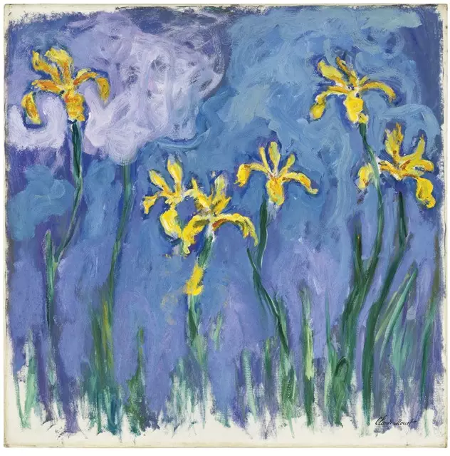 Claude Monet, Iris Jaunes Au Nuage Rose, 1924-1925, mmanụ n'akwa akwa. Foto sitere n'ikike Christie's.