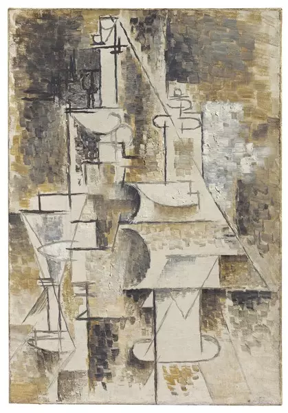 Pablo Picasso, La Carafe (Bouteille Et Verre), 1911-1912, mmanụ na kwaaji. Foto sitere n'ikike nke Christie.