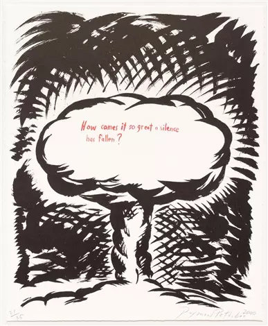 Raymond Pettibon, Untitled (How Comes It So Great a Silence...), o Plots on Loan I (2000). Llun: Oriel Leslie Sacks/artnet. (Ddim yng nghasgliad Barrymore.)