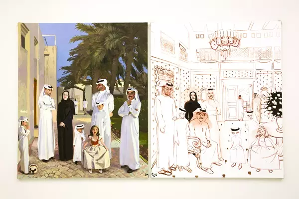 H.E. Dr. Hamad Al-Kuwari skoðar nýtt málverk Liu Xiaodong H.E. Dr. Hamad bin Abdulaziz Al-Kuwari's Family , í Qatar Museums Gallery Al Riwaq. Mynd af Wen-You Cai, með leyfi Cai Studio