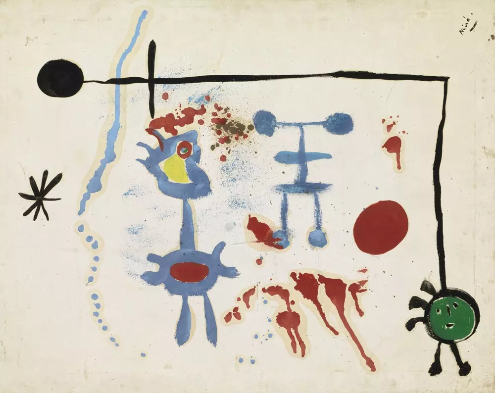 Rinjiyeyn kale oo aan cinwaan lahayn (1946) oo Miró u hibeeyay Boucher lagana helay isla khasnadda, ayaa lagu bixin doonaa Sotheby's Maajo 8 iyada oo lagu qiyaasay $400,000 ilaa $600,000. Sawirka: Lahaanshaha Sotheby's.