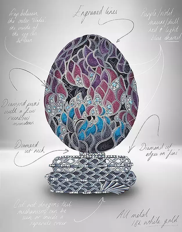 Eng Skizz vum Game of Thrones Egg. Ugedriwwe vun Fabergé.