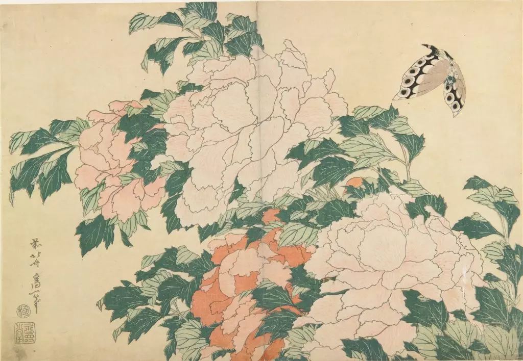 Katsushika Hokusai, Peonies ndi Butterfly (1833-34). Kutoleredwa kwa Minneapolis Institute of Art.