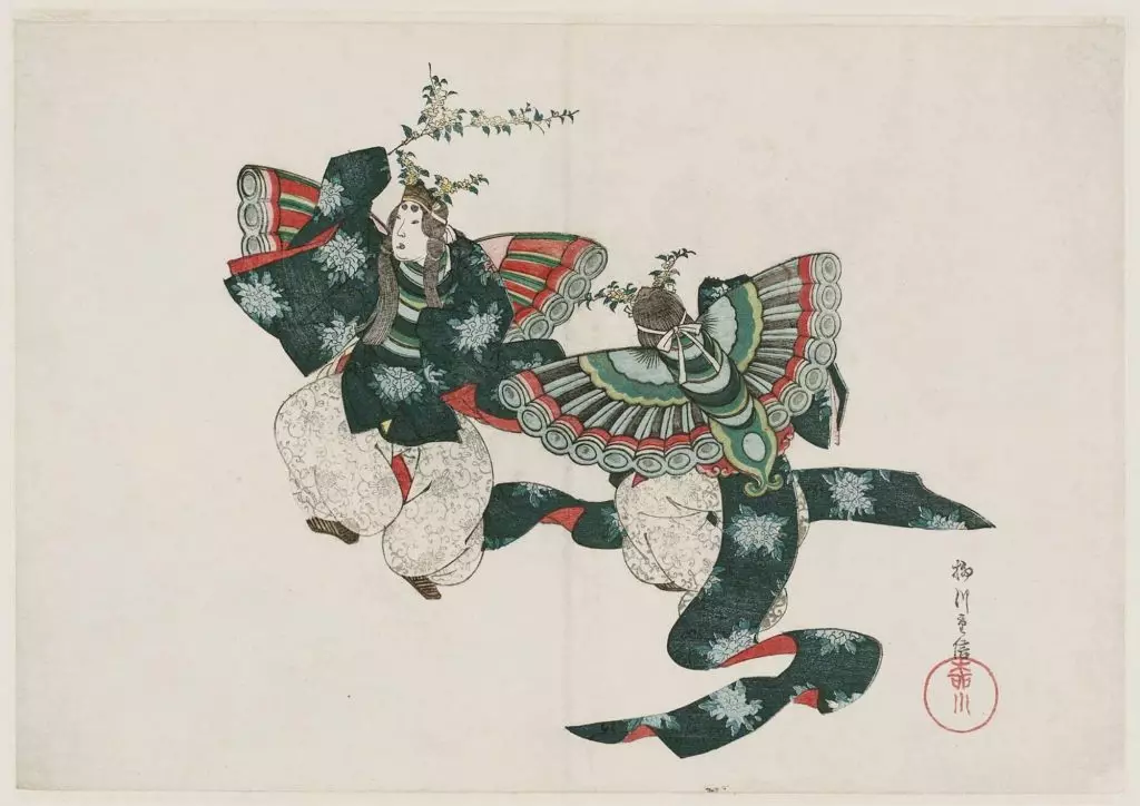 Yanagawa Shigenobu I, שני רקדנים בתלבושות פרפר (1820). אוסף מוזיאון פילדלפיה לאמנות.