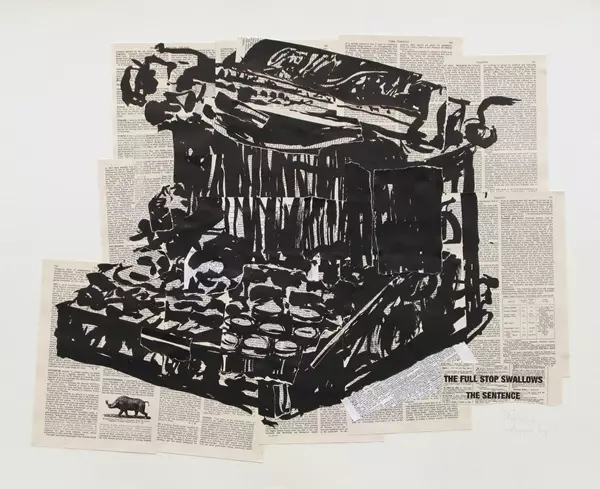 William Kentridge, The Full Stop Swallows The Sentence (2012) Hand-printed lithograph na may collage (Edisyon ng 35). Larawan: Sa kagandahang-loob ng Greg Kucera Gallery, Seattle.