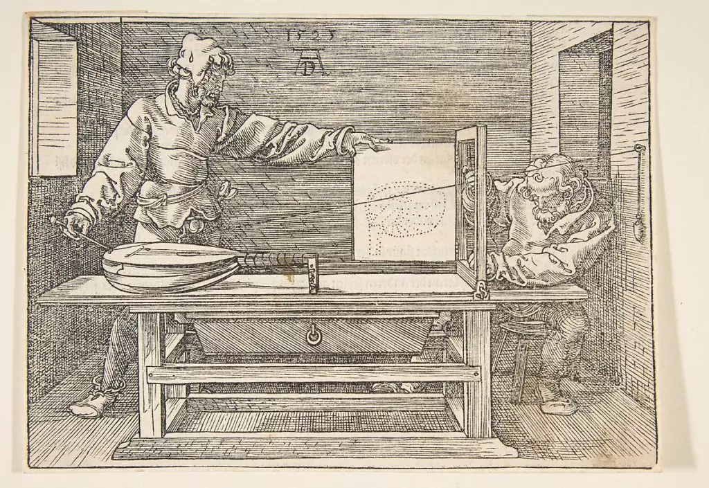 Albrecht Dürer, The Draftsman of the Lute n.d. Kusonkhanitsa kwa Metropolitan Museum of Art.