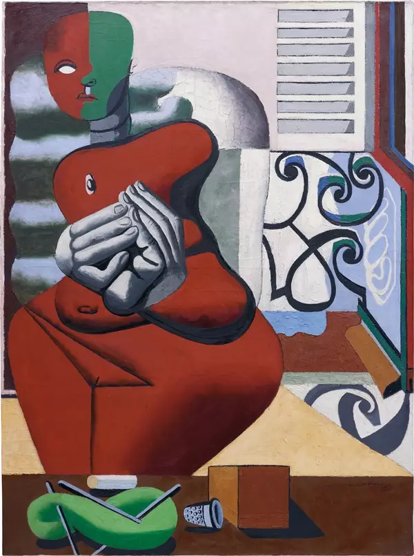 LE CORBUSIER Femme rouge et pelote verte , 1932 ઓઈલ ઓન કેનવાસ 51 1/8 x 38 1/4 in. (130 x 97 cm) સહી કરેલ અને તારીખ