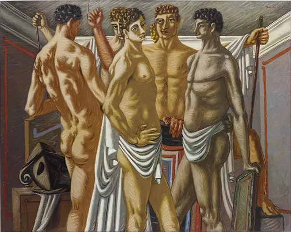 GIORGIO DE CHIRICO Gladiateurs au Repos، 1928-29 زيت على قماش 62 1/2 x 78 1/4 بوصة (158.8 x 198.8 سم) توقيع