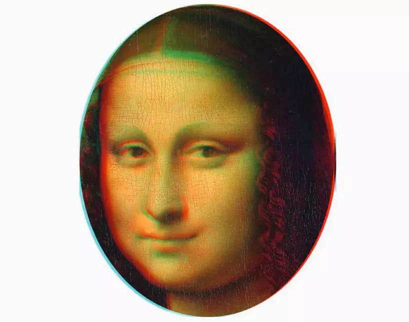 Anaglyph na-acha uhie uhie-cyan na-ejikọta Mona Lisa izizi na ụdị Prado na-ekpughe onyonyo 3D.