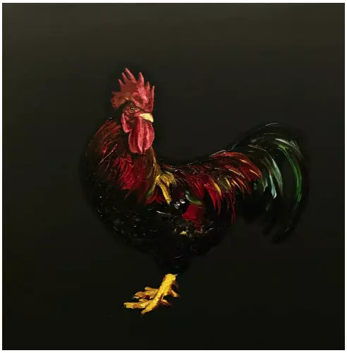 Zeng Fanzhi, Rooster (2019). Trwy garedigrwydd Gagosian.