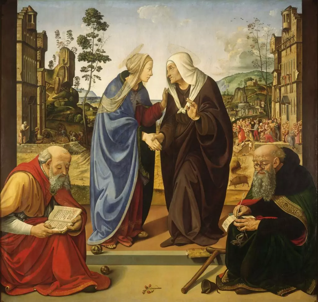 Piero di Cosimo's, The Visitation with Saint Nicholas and Saint Anthony Abbot. Ata: faaaloaloga a le National Gallery of Art, Washington, DC.