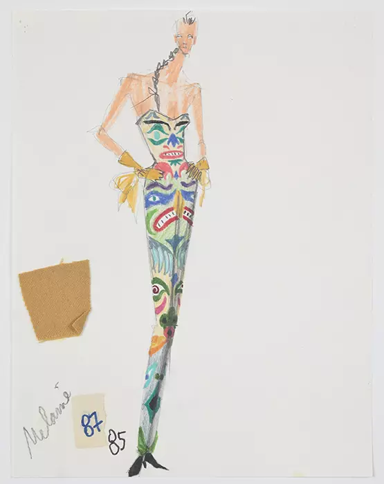 Isaac Mizrahi, sketch alang sa “Totem Pole” gown, tinglarag 1991. Litrato ni Richard Goodbody, Jewish Museum, New York