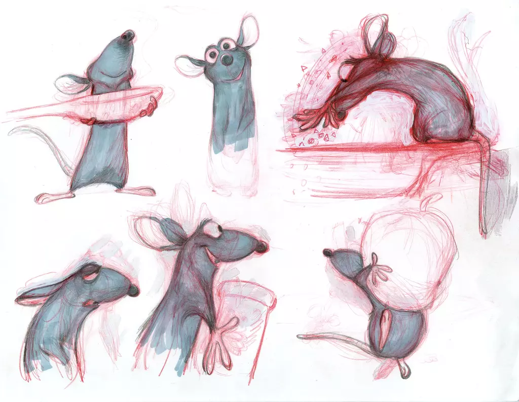 Bolhem Bouchiba, Concept Art, Animation Thumbnails, Ratatouille (2007), creion, marker și tuș pe hârtie. Fotografie: amabilitatea Pixar Animation Studios.