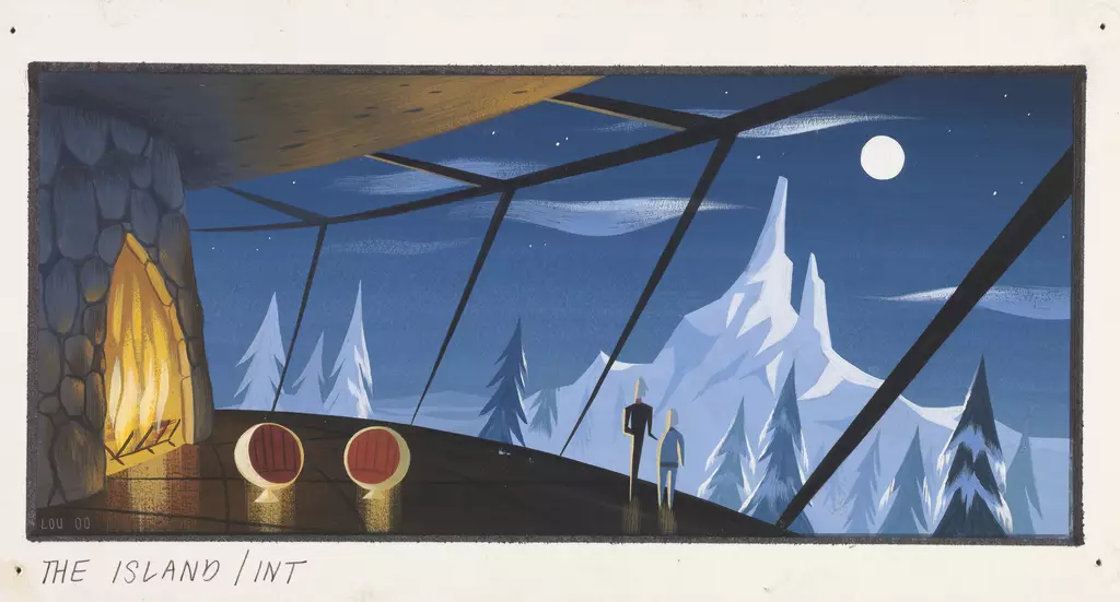 Lou Romano, Concept Art, Syndrome's Lair, The Incredibles (2004), gouache a fedélzeten. Fotó: a Pixar Animation Studios jóvoltából.