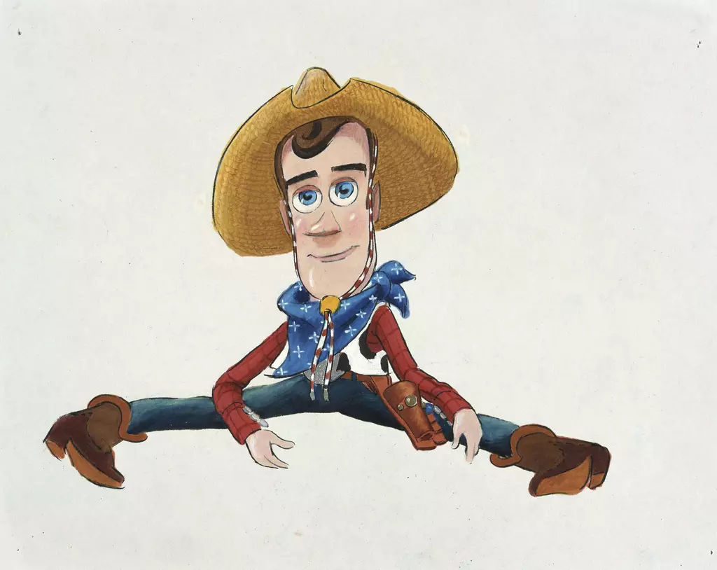 Bud Luckey ve Ralph Eggleston, Concept Art, Early Woody, Toy Story (1995), kağıt üzerinde karışık teknik. Fotoğraf: Pixar Animation Studios'un izniyle.