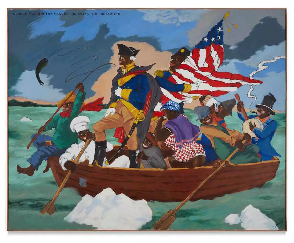 Robert Colescott George Washington Carver Crossing the Delaware: stran iz učbenika ameriške zgodovine (1975). Slika z dovoljenjem Sotheby's