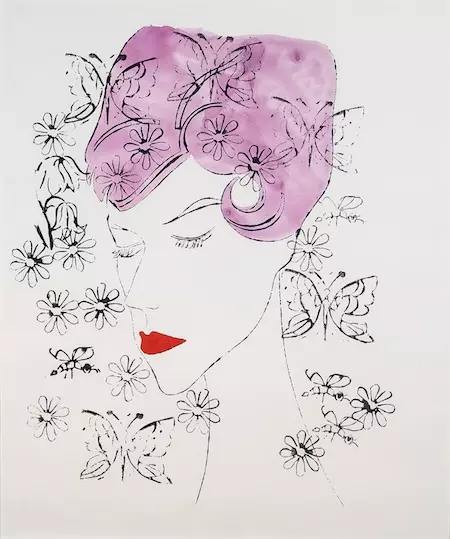 Andy Warhol, Cabeza feminina con cabelo morado, 1959 pequena