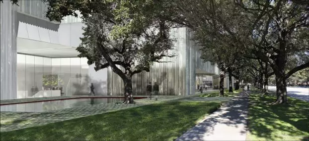 Rendering dari Nancy dan Richard Kinder Building yang direncanakan di Museum of Fine Arts, Houston. Arsitek Steven Holl.